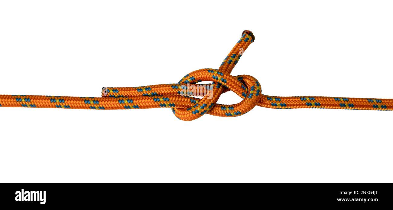 banner or sheet bend knot, orange rope, white background Stock Photo ...