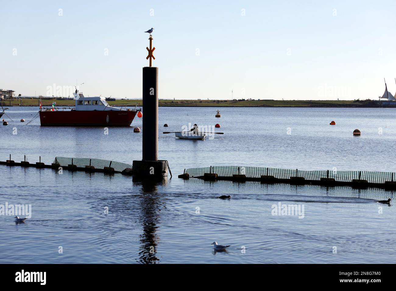 Man rowing small boat in Cardiff Bay. Cardiff Barrage on horizon. South ...