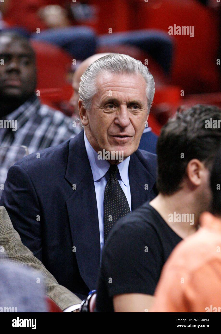 Miami Heat president Pat Riley prepares to watch an NBA basketball game ...