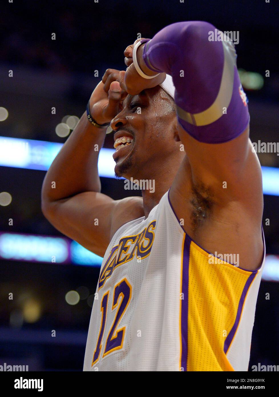 Los Angeles Lakers center Dwight Howard reacts during the first half of ...