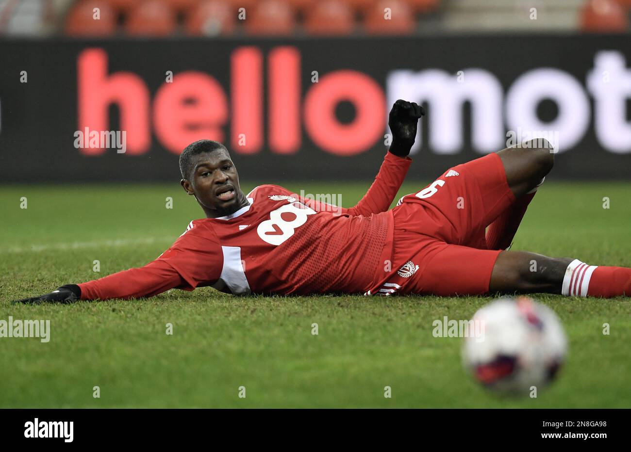 SL16's Boubou Diallo eyes the ball during a soccer match between SL16 ...
