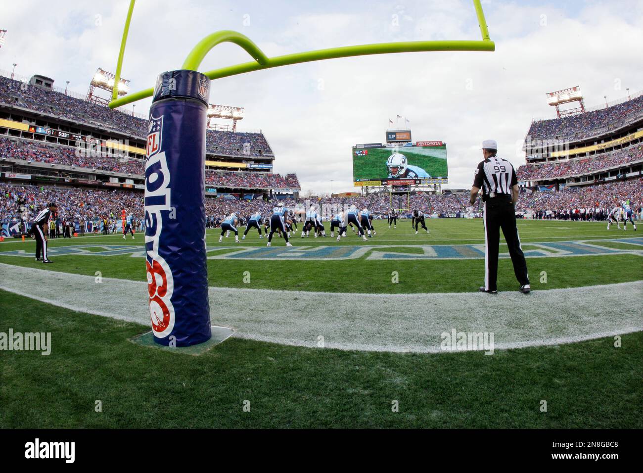 A goal post is decorated with the NFL's Play 60 logo in the first ...