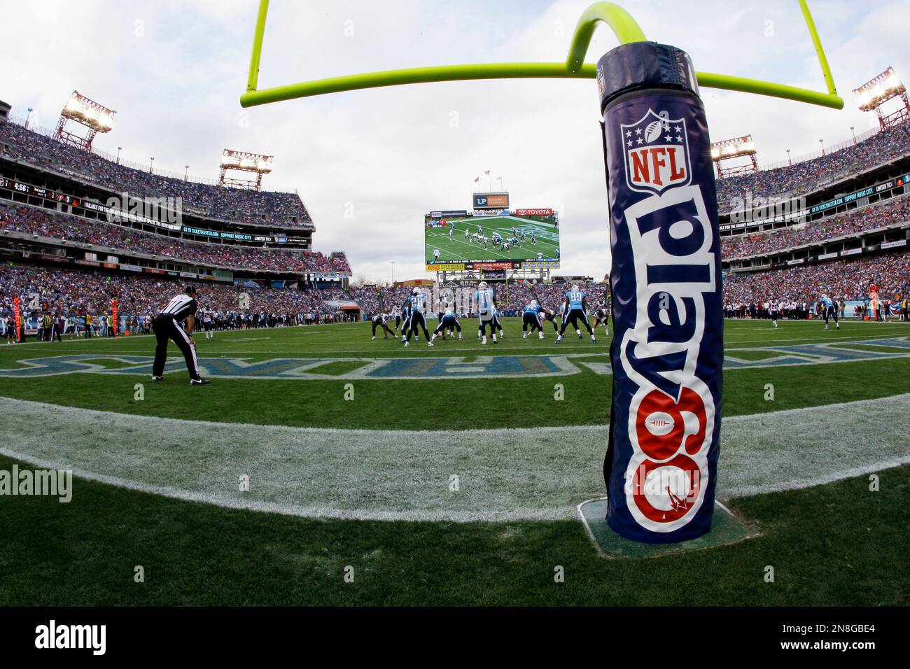 A goal post is decorated with the NFL's Play 60 logo in the first ...