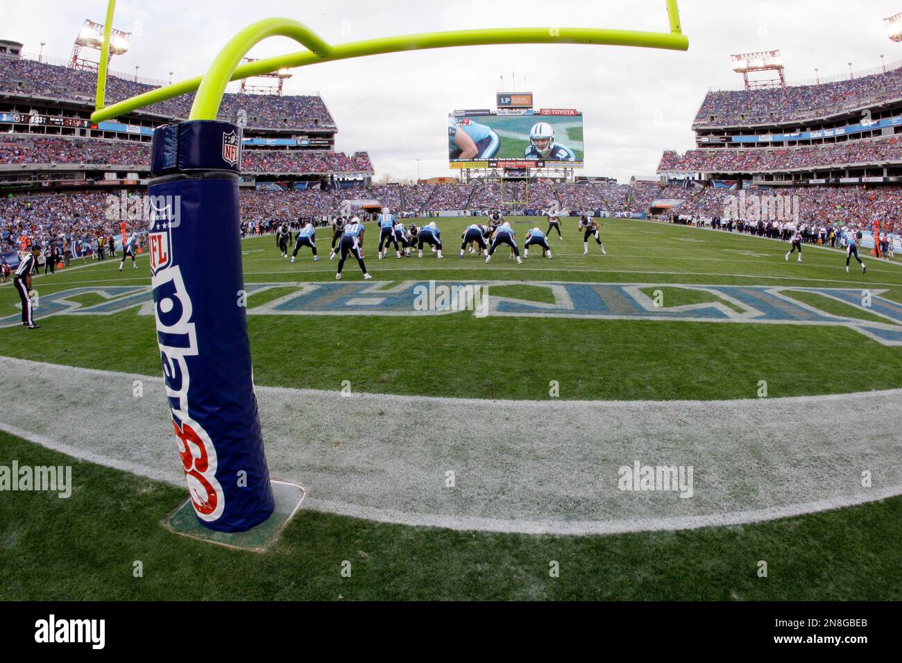A goal post is decorated with the NFL's Play 60 logo in the first ...
