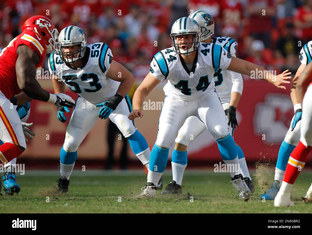 Carolina Panthers linebacker Jason Phillips (53) and long snapper J.J ...