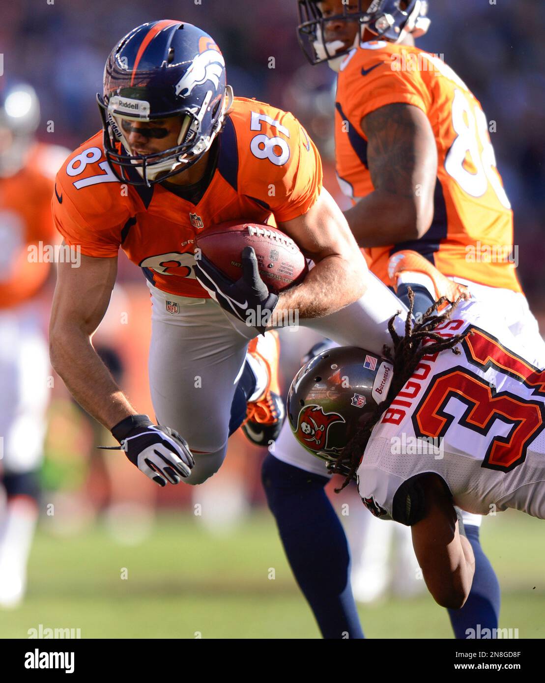 Denver Broncos wide receiver Eric Decker (87) is upended by Tampa Bay ...