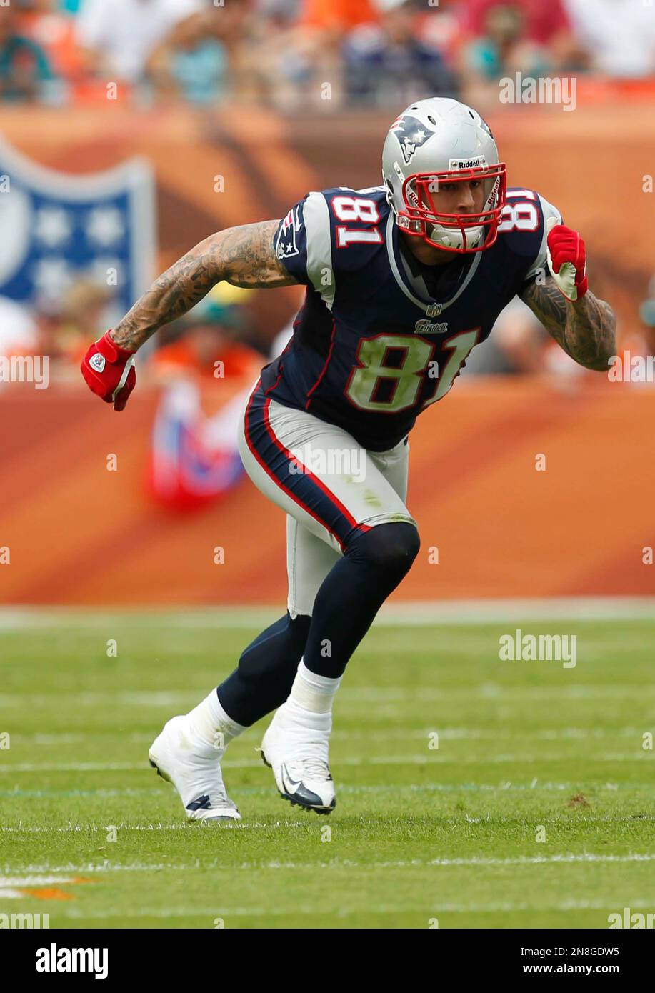 New England Patriots tight end Aaron Hernandez (81) runs during the ...