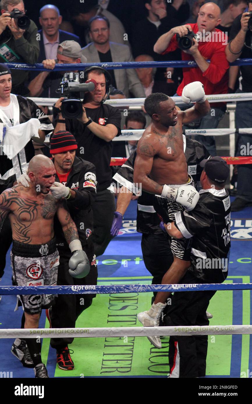 Austin Trout celebrates after the final bell of his bout against Miguel ...