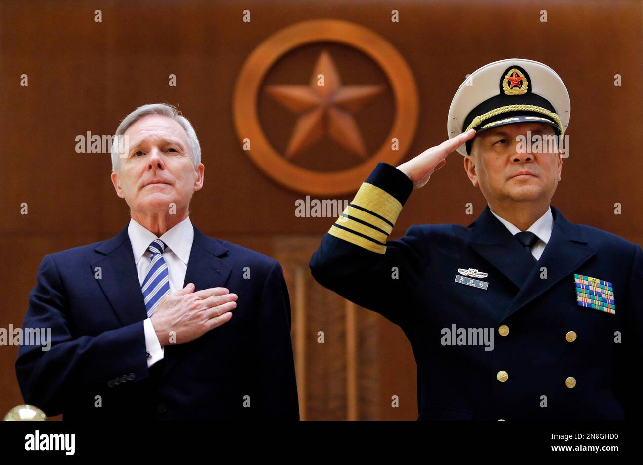 In this Nov. 27, 2012 photo, U.S. Navy Secretary Ray Mabus, left and ...