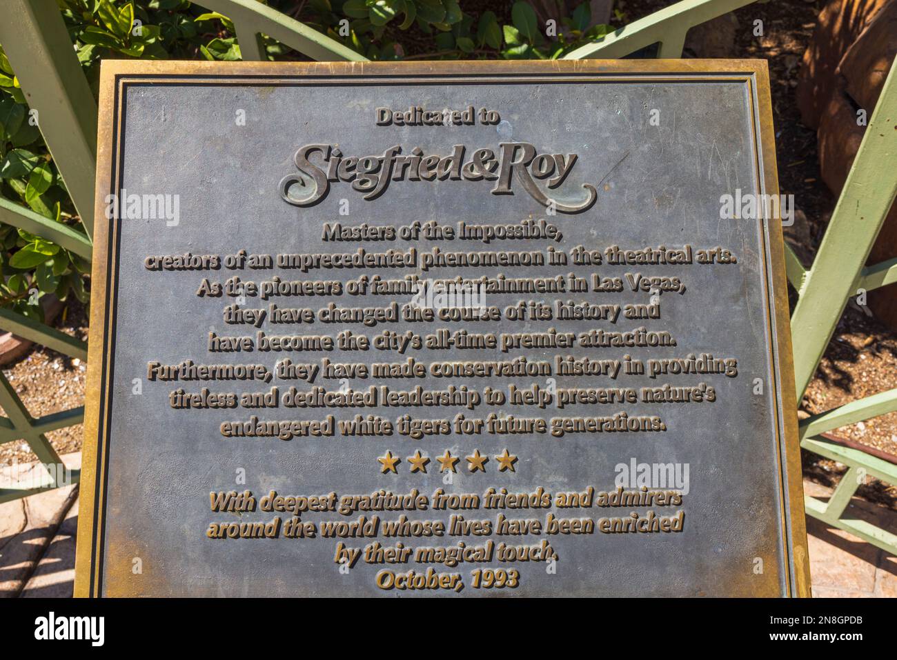 Macro view of memorial desk on the statue of Siegfried and Roy at ...
