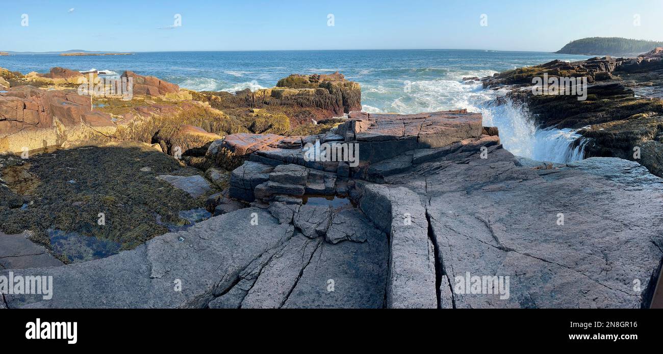 Famous Thunder Hole rocky shoreline on Acadia National park on the ...