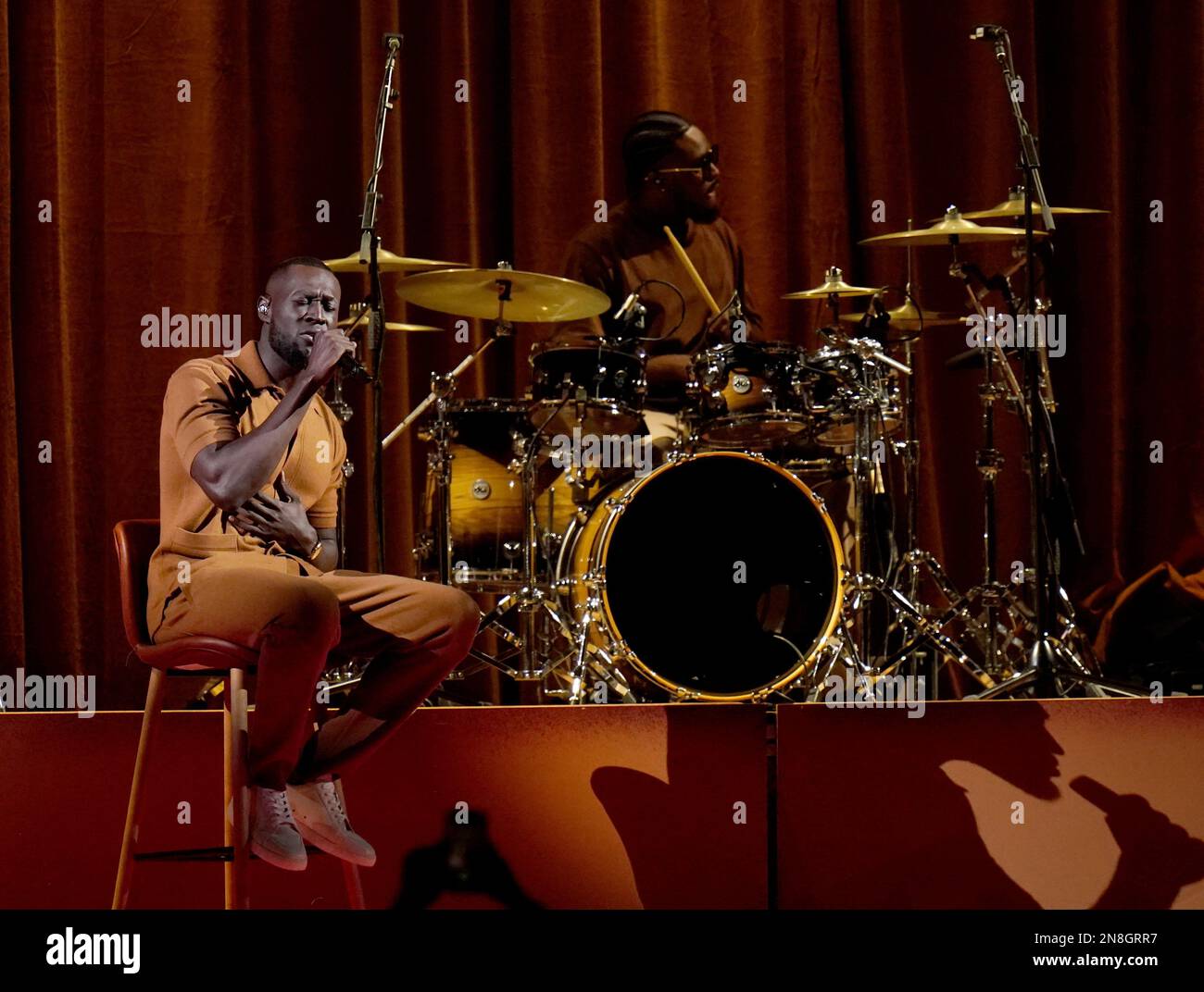 Stormzy performing during the Brit Awards 2023 at the O2 Arena, London ...