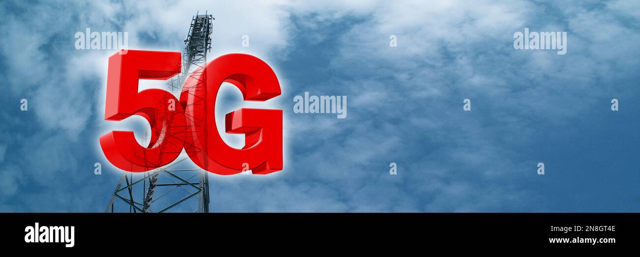 5G Fast speed wireless internet connection and technology concept. 3d ...