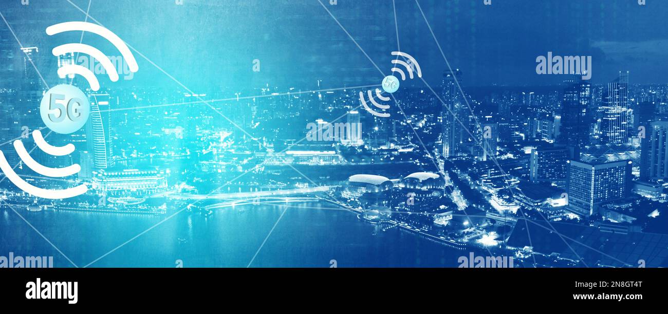 5G Fast speed wireless internet connection and technology concept. 3d ...