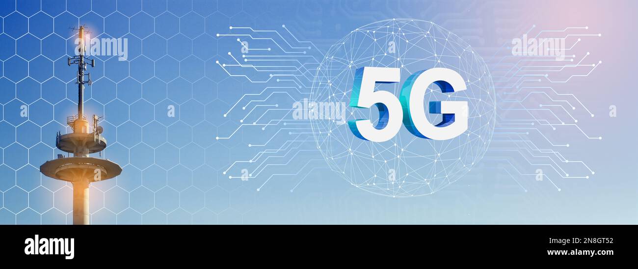 5G Fast speed wireless internet connection and technology concept. 3d ...