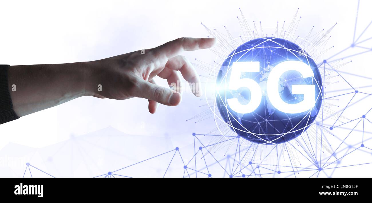 5G Fast speed wireless internet connection and technology concept. 3d ...