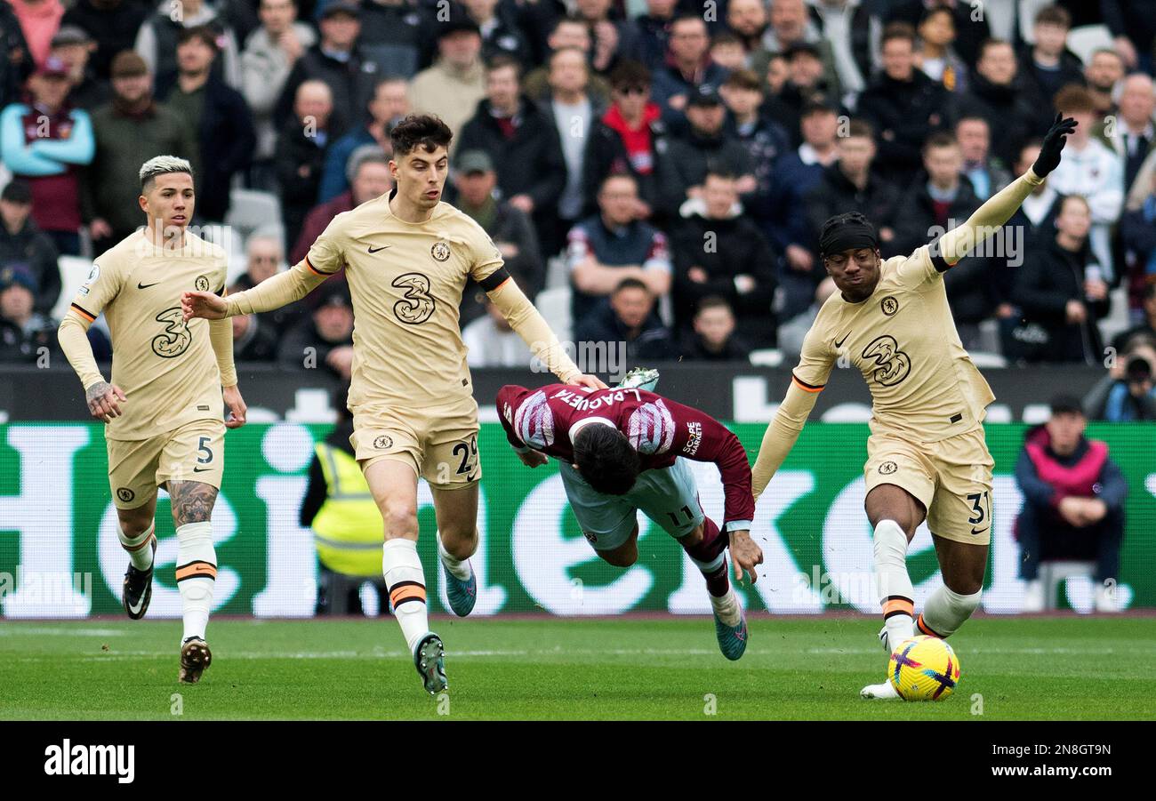 London, UK. 11th Feb, 2023. Kai Havertz and Noni Madueke of Chelsea ...