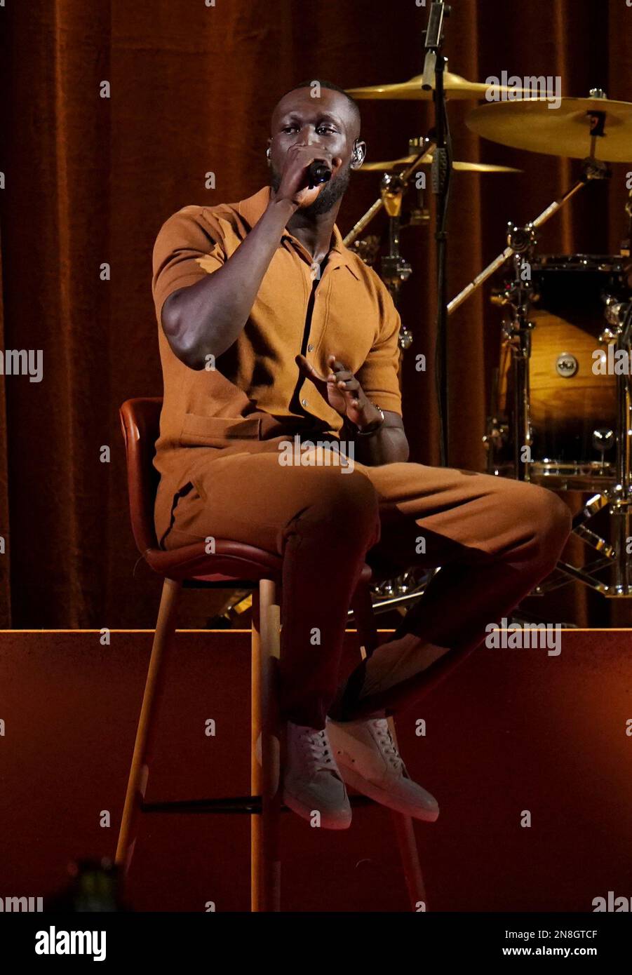Stormzy performing during the Brit Awards 2023 at the O2 Arena, London ...