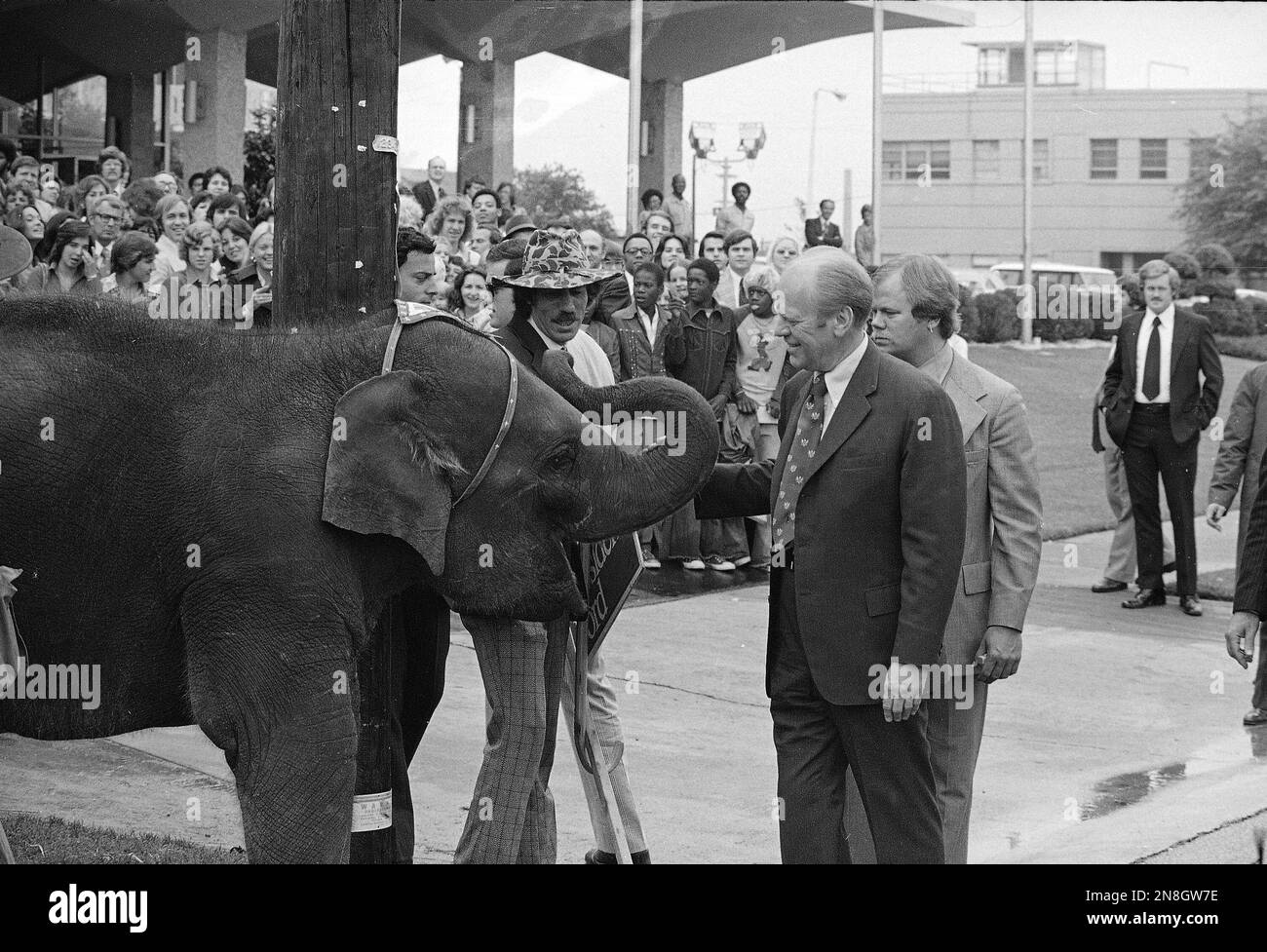 President Gerald Ford pets Sneezy, a three-year-old elephant after he ...