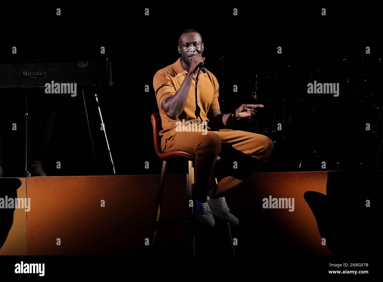 Stormzy performing during the Brit Awards 2023 at the O2 Arena, London ...