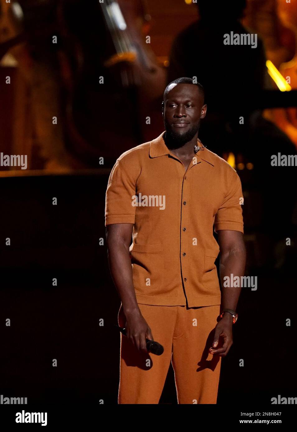 Stormzy performing during the Brit Awards 2023 at the O2 Arena, London ...