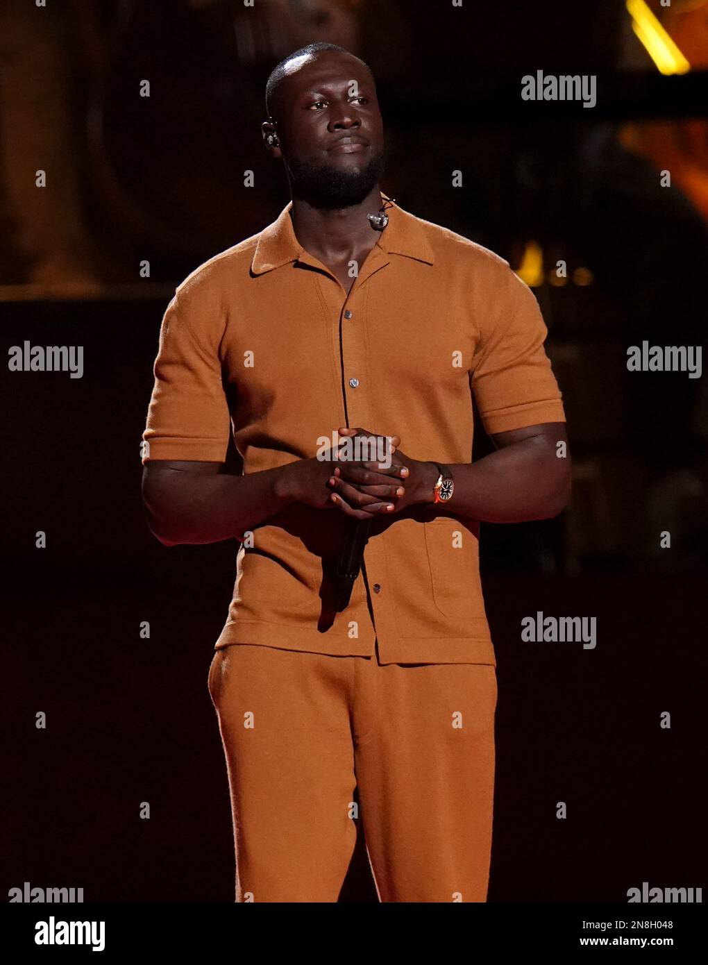 Stormzy performing during the Brit Awards 2023 at the O2 Arena, London ...