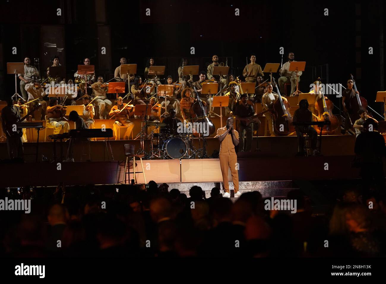 Stormzy performing during the Brit Awards 2023 at the O2 Arena, London ...