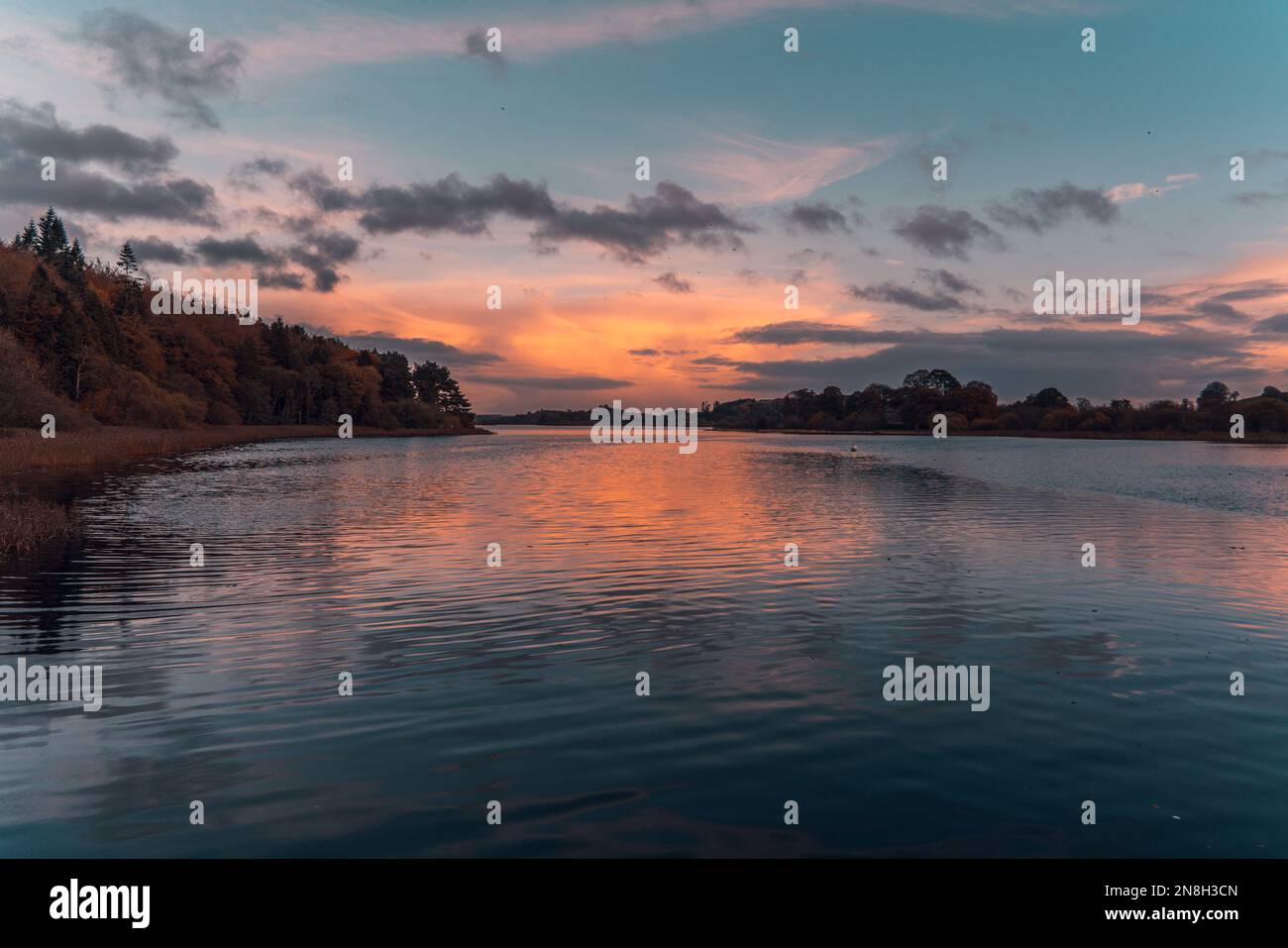The scenic lake Muckno in County Monaghan with sunset reflecting on the ...