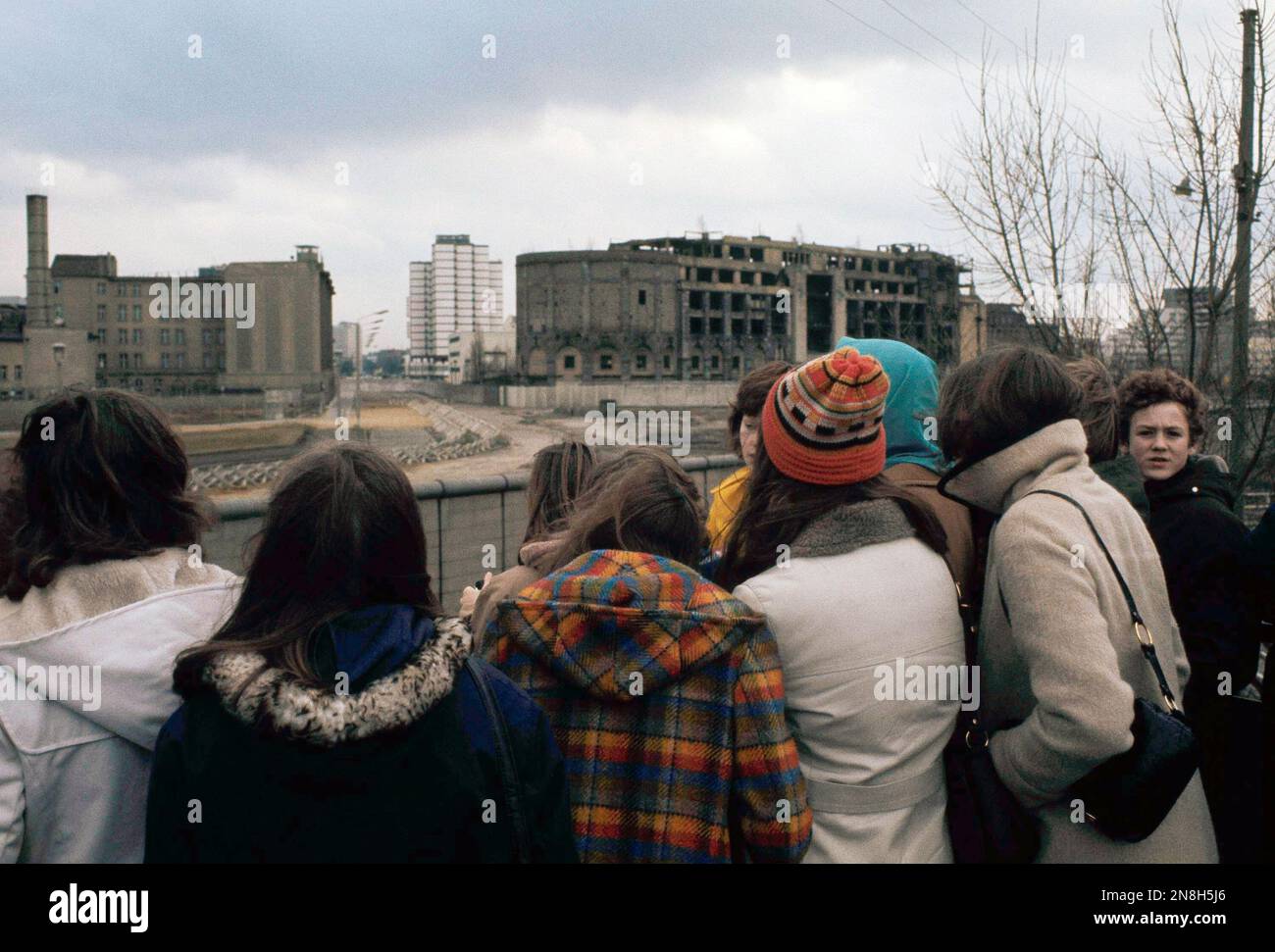 West German students looking across the Berlin Wall on March 8, 1973 ...