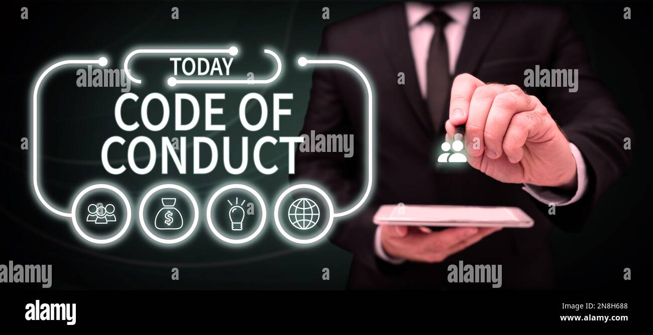Sign displaying Code Of Conduct. Internet Concept Ethics rules moral ...