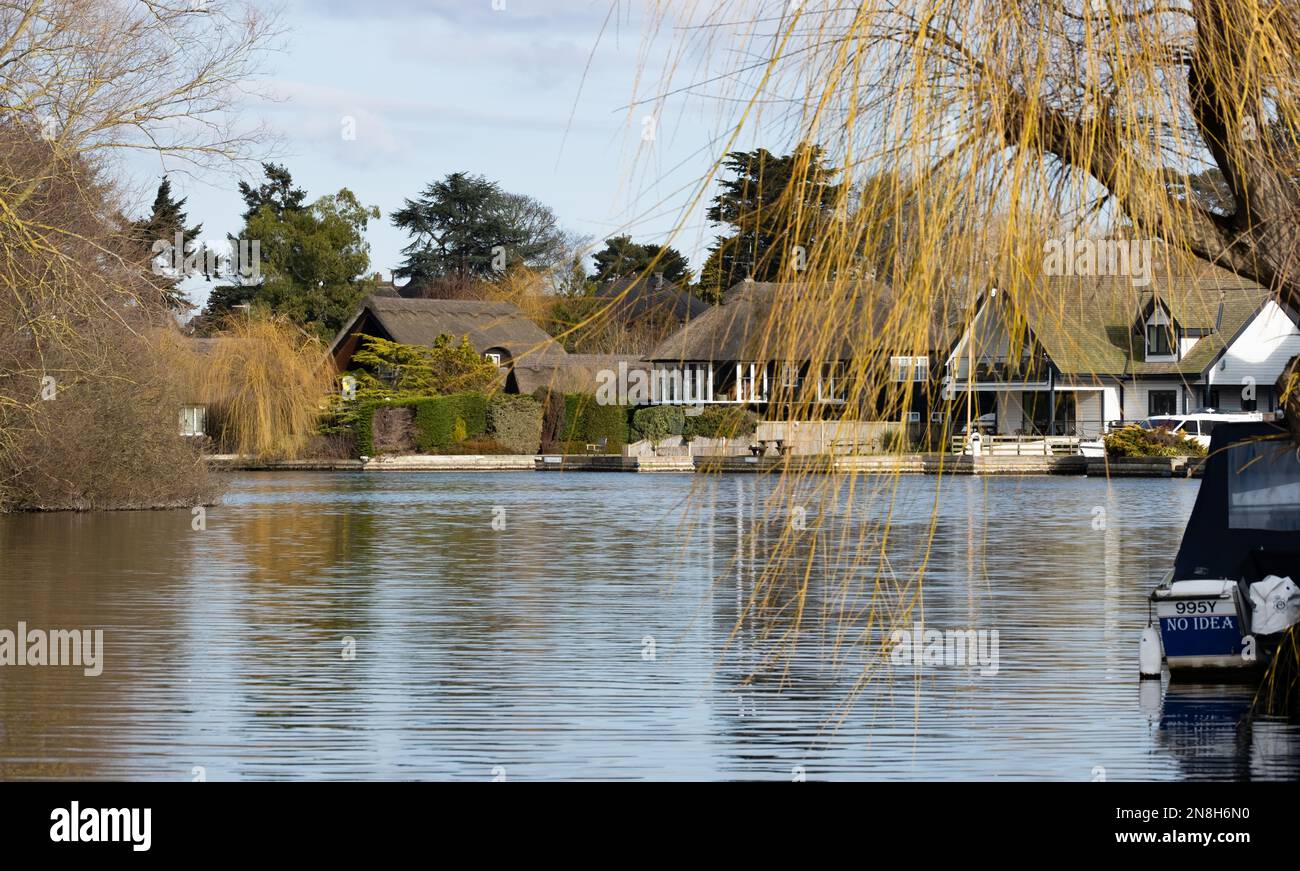 View down the River Bure in Horning, Norfolk Broads. Captured on a cold ...