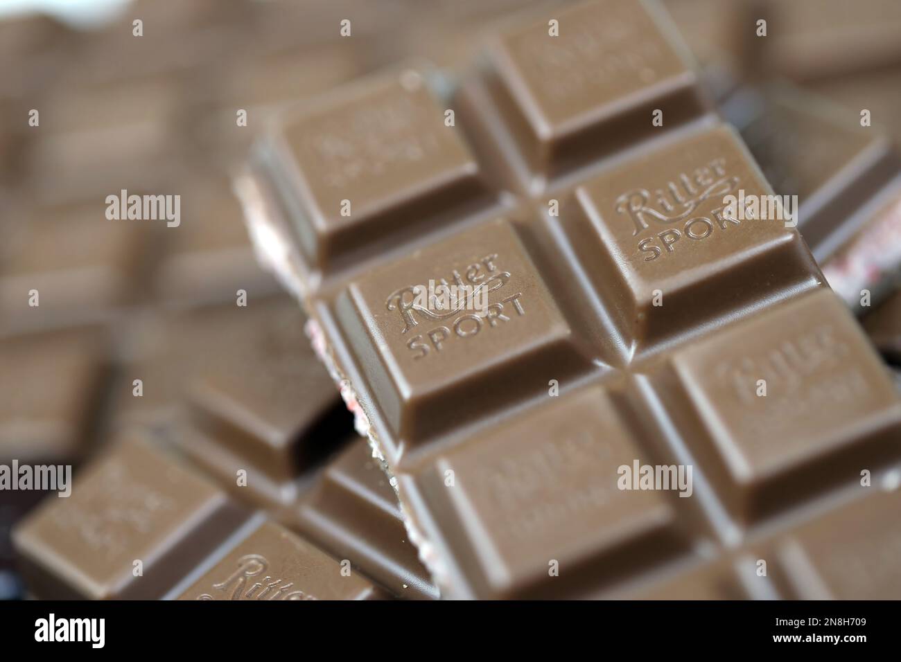 KYIV, UKRAINE - MAY 4, 2022 Ritter Sport chocolate bars with various ...