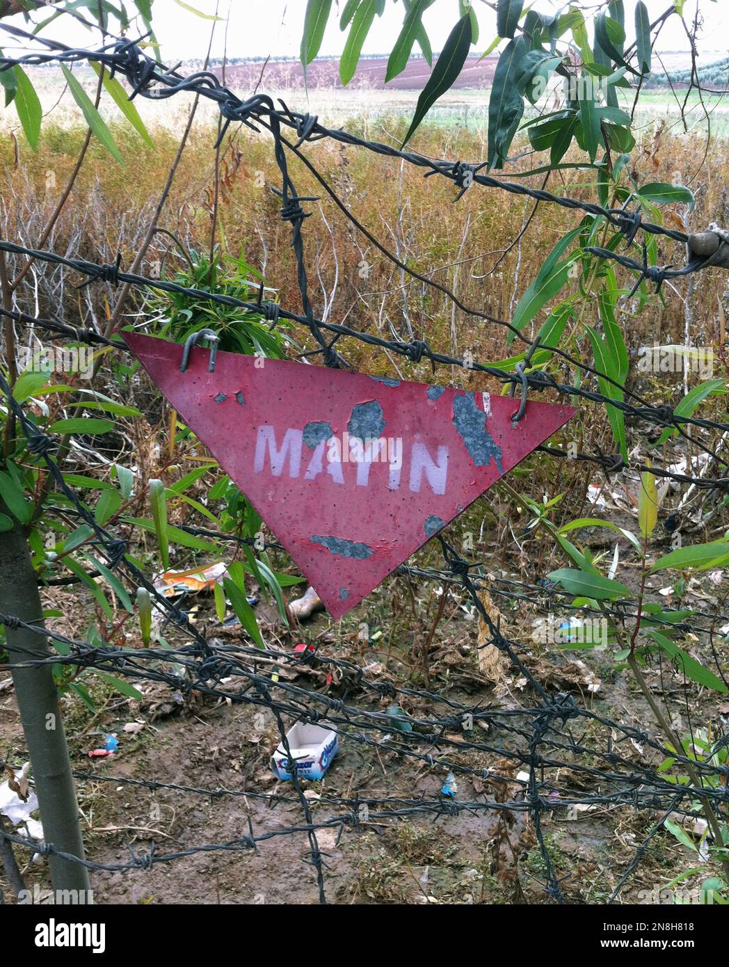 FILE - In this Nov. 19, 2012 file photo, a land mine sign at the Turkey ...