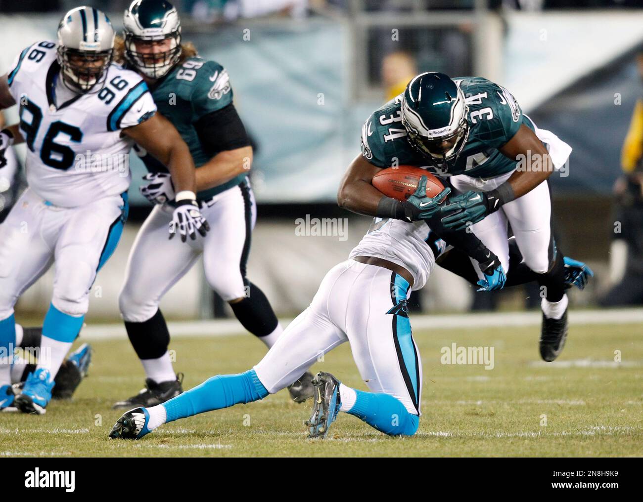 Philadelphia Eagles running back Bryce Brown, right, is tackled by ...