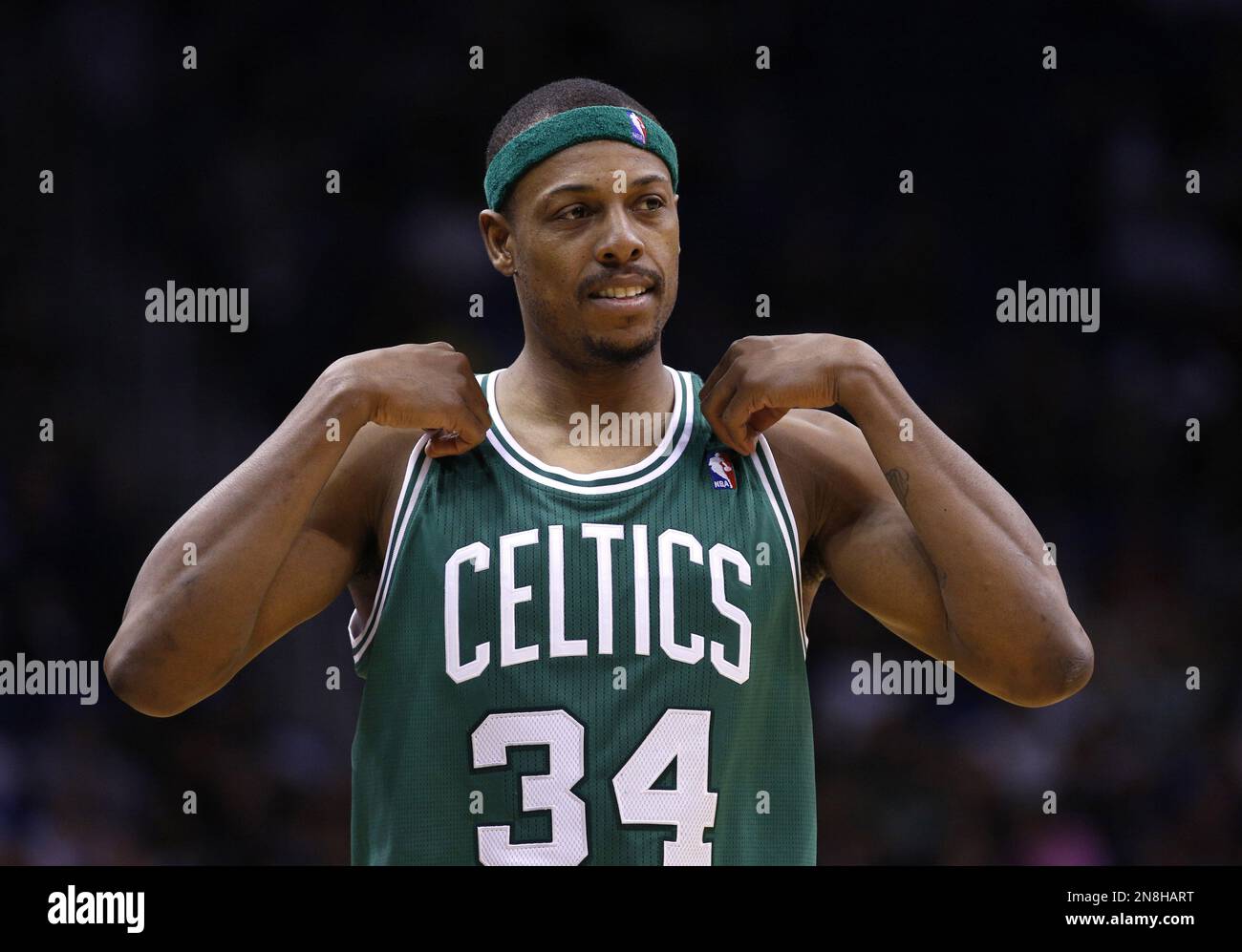 Boston Celtics small forward Paul Pierce (34) adjust his jersey during ...