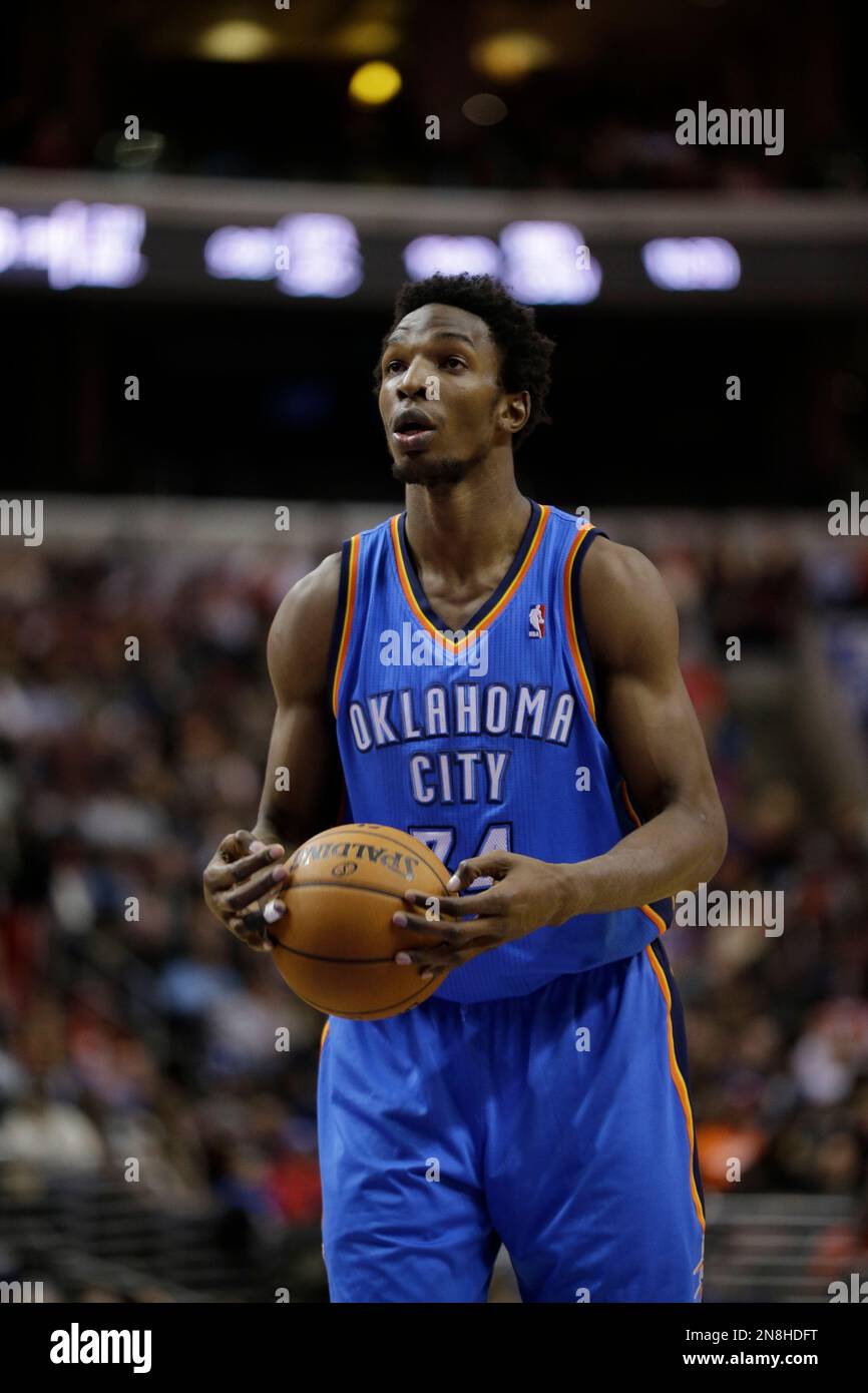Oklahoma City Thunder's Hasheem Thabeet waits to take a free throw ...