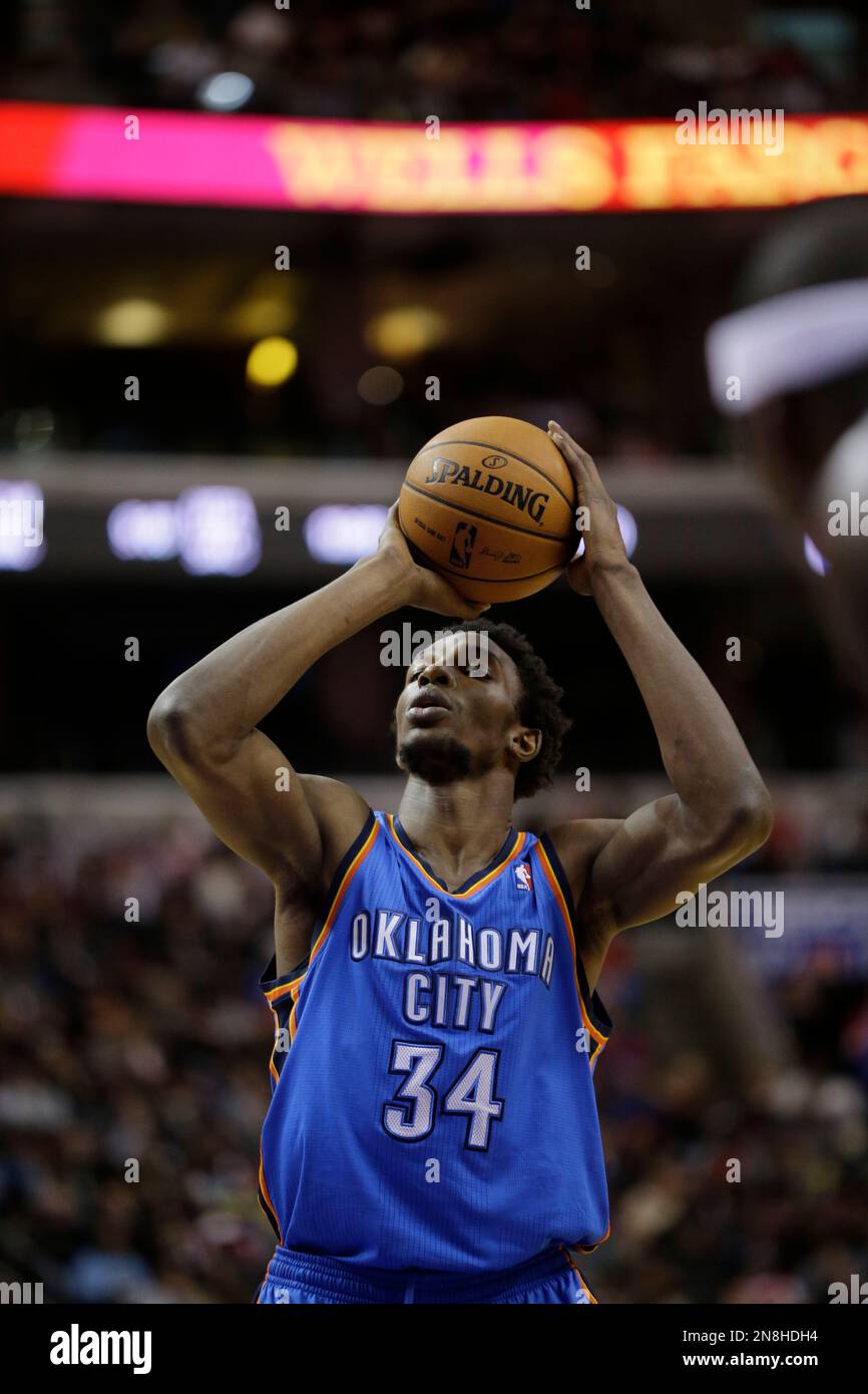 Oklahoma City Thunder's Hasheem Thabeet takes a free throw during an ...