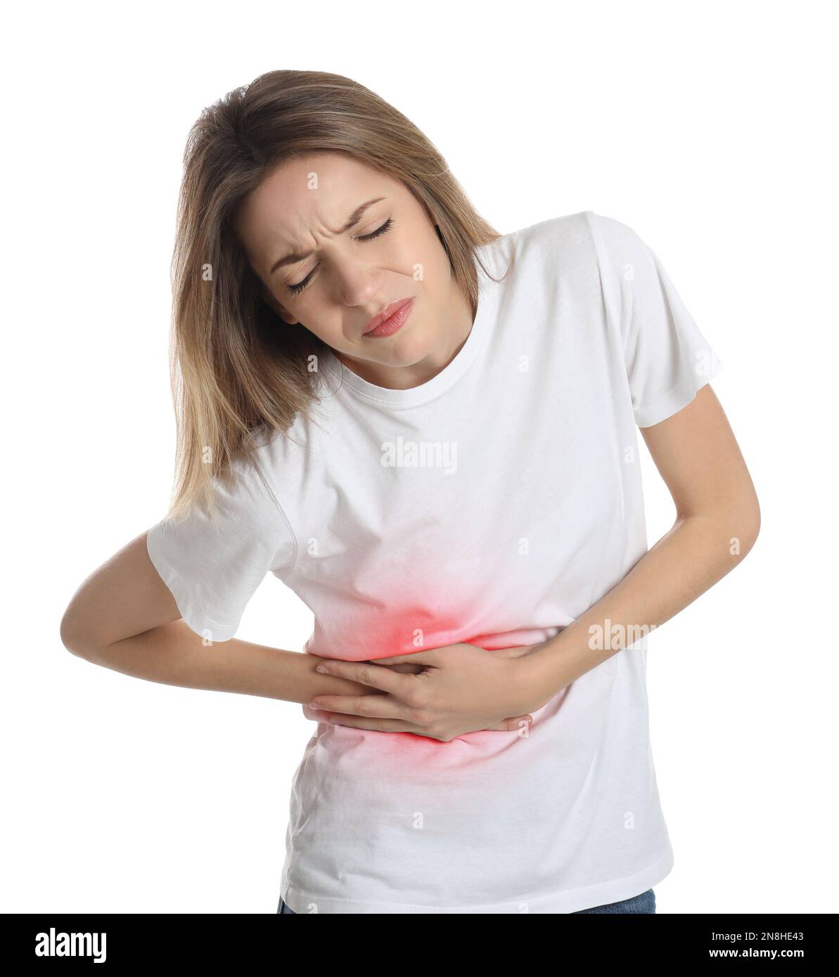 Young woman suffering from liver pain on white background Stock Photo ...