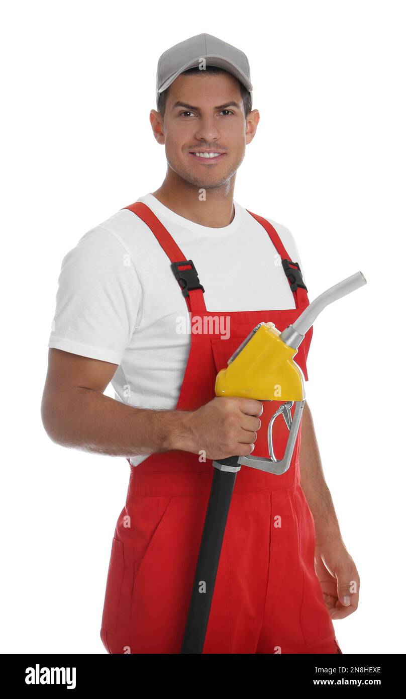 Gas station worker with fuel nozzle on white background Stock Photo - Alamy