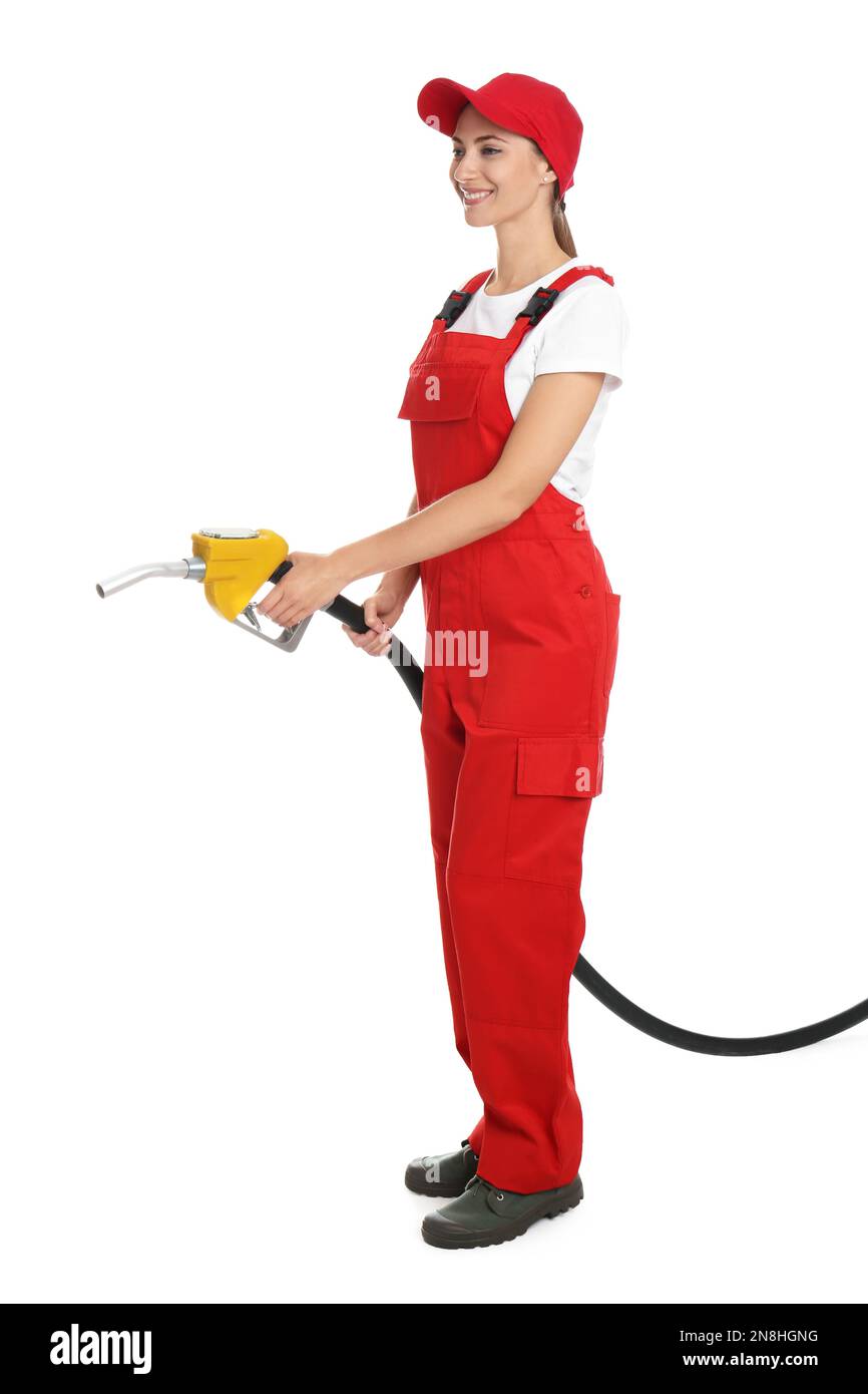 Gas station worker with fuel nozzle on white background Stock Photo - Alamy