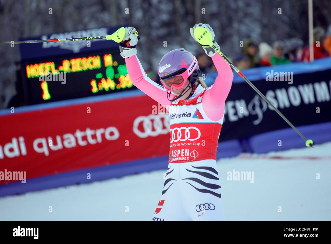 Germany's Maria Hoefl-Riesch reacts in the finish arena after placing ...