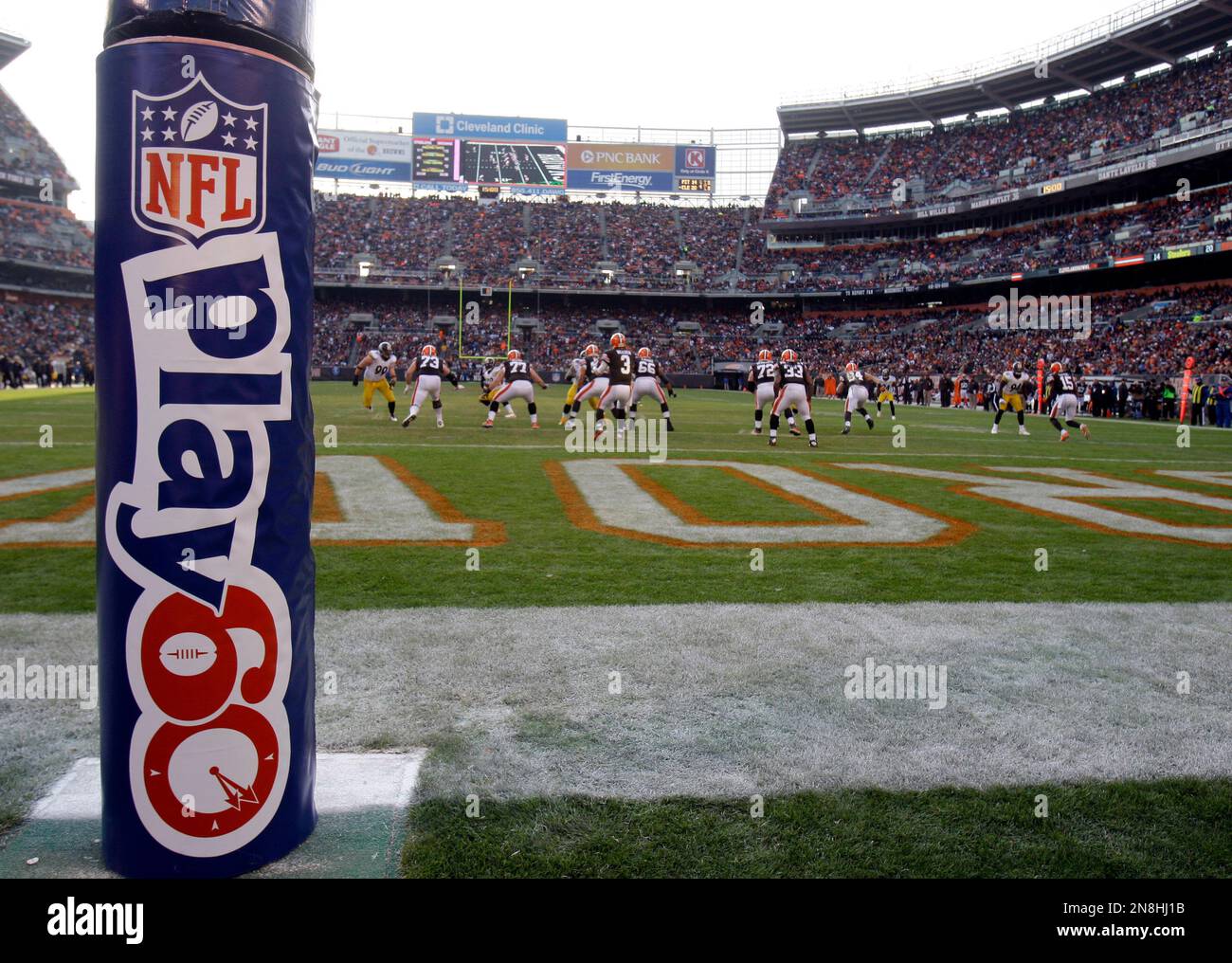 The goalpost is decorated with the NFL Play 60 logo during an NFL ...