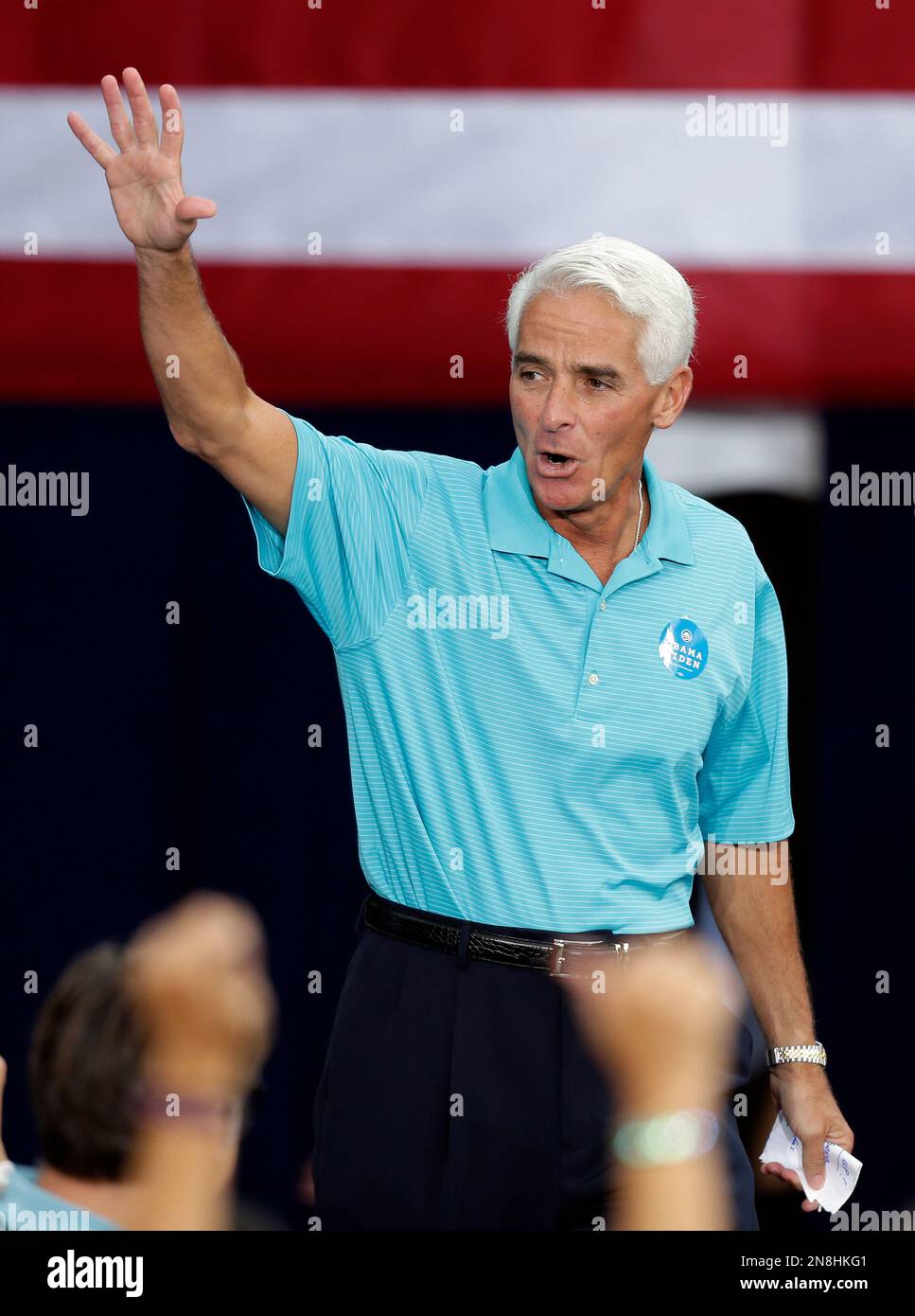 In this Oct. 25, 2012 photo, former Florida Gov. Charlie Crist waves to ...