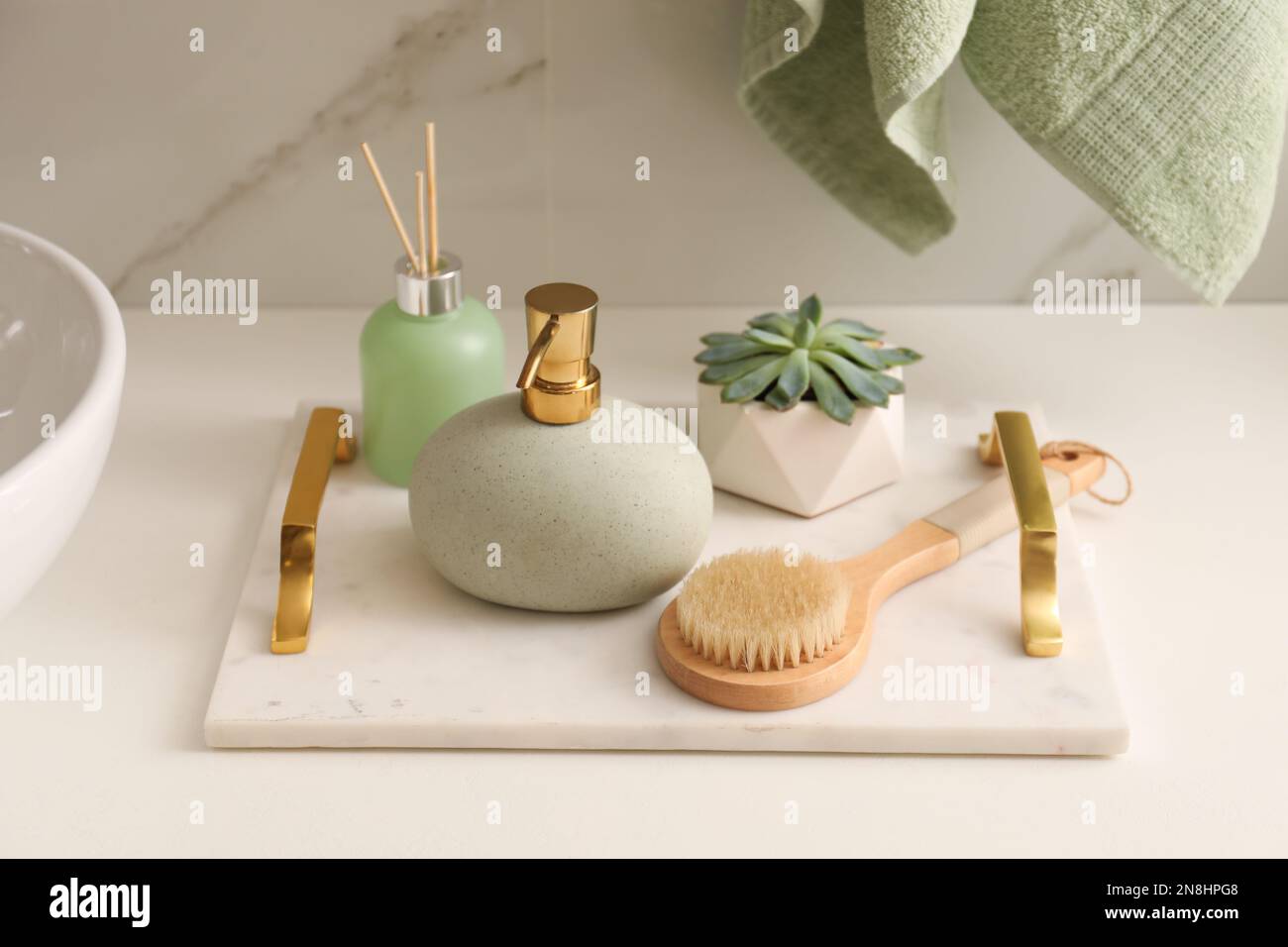 Air reed freshener, toiletries and plant on countertop in bathroom ...