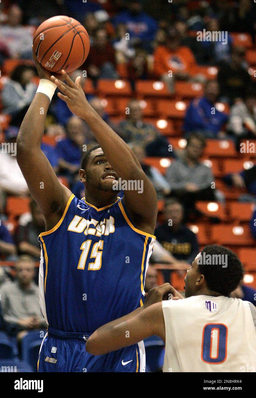 UC Santa Barbara's Alan Williams (15) shoots past Boise State's Ryan ...