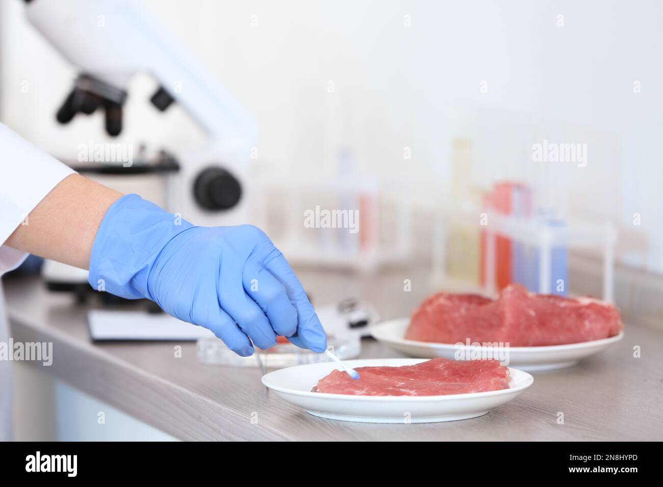 Scientist inspecting meat at table in laboratory, closeup. Food quality ...