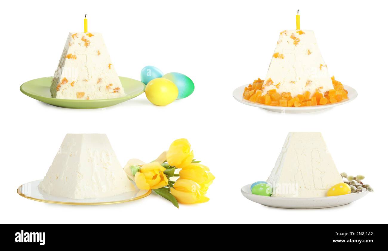 Set with traditional cottage cheese Easter paskhas on white background ...