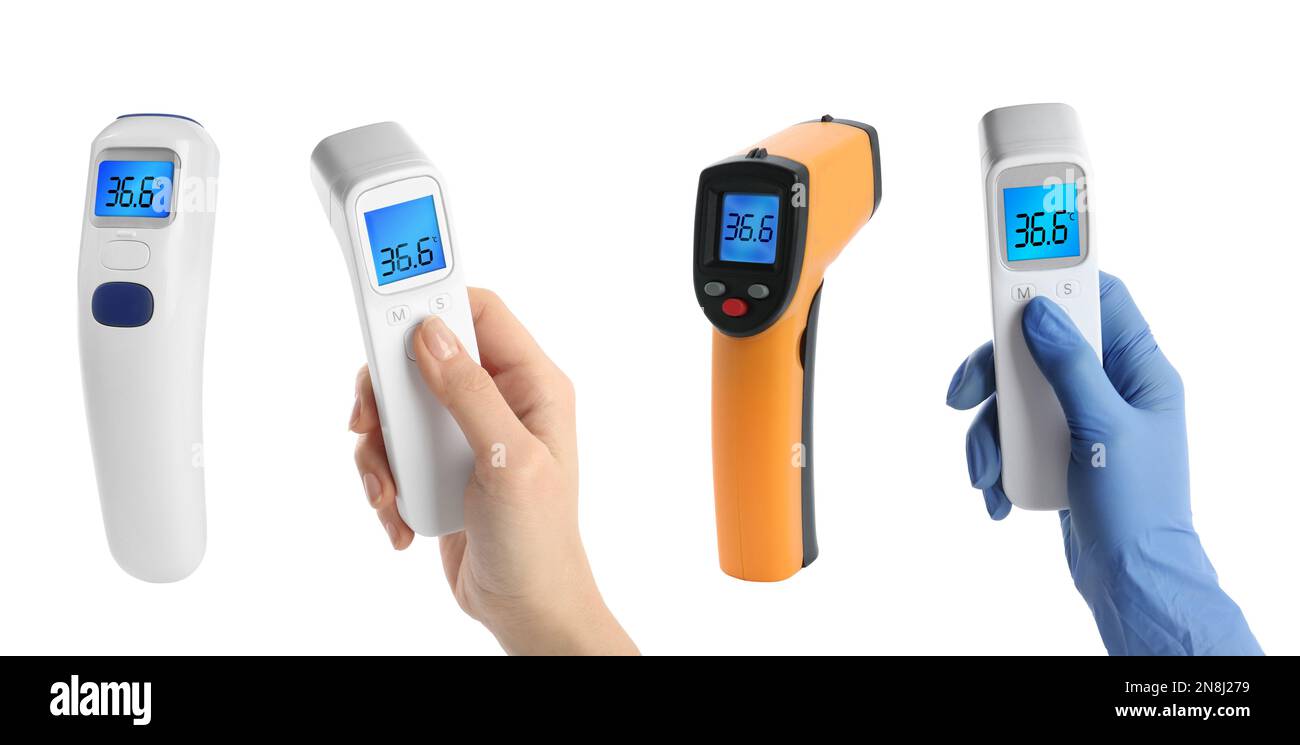 Infrared thermometers on white background, collage. Checking ...