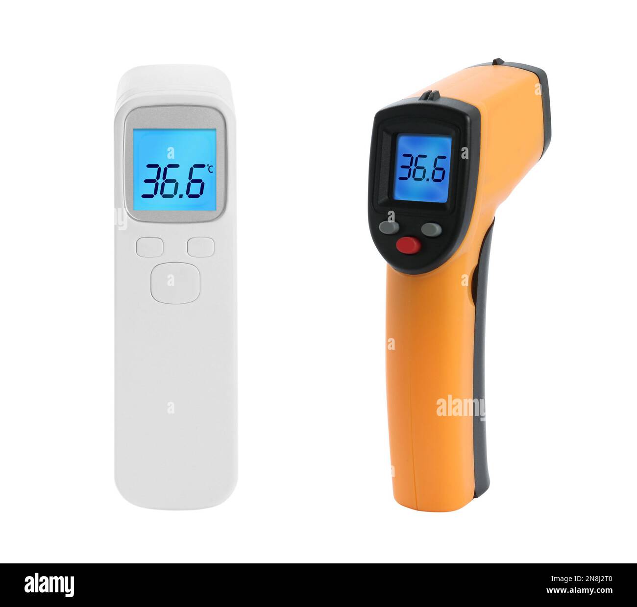 Infrared thermometers on white background, collage. Checking ...