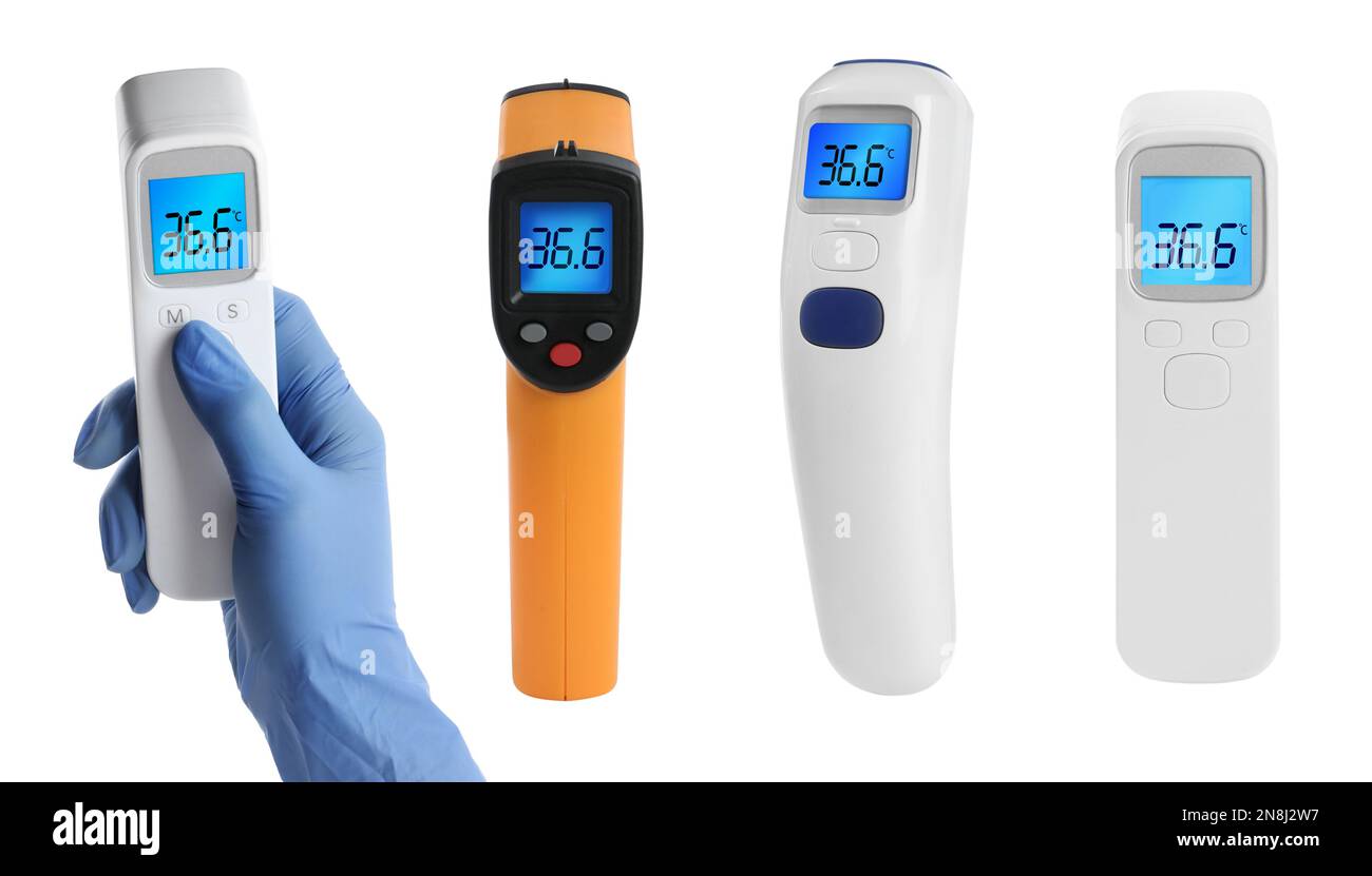 Infrared thermometers on white background, collage. Checking ...